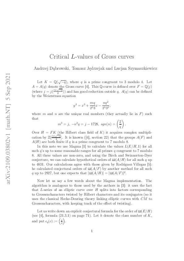 (PDF) Critical $L$-values of Gross curves