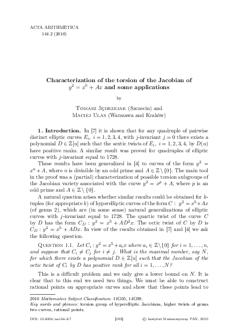 (PDF) Characterization of the torsion of the Jacobian of y2=x5+Ax and some applications