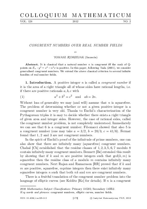 (PDF) Congruent numbers over real number fields | Tomek Jedrzejak ...
