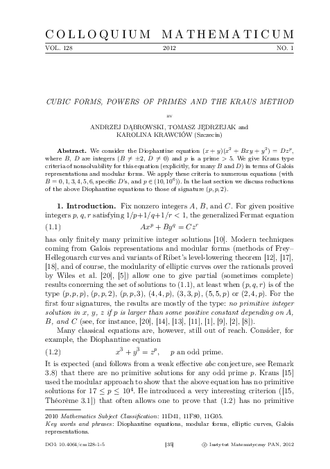 (PDF) Cubic forms, powers of primes and the Kraus method