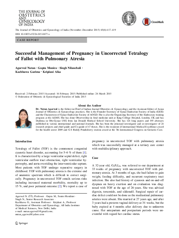 (PDF) Successful Management of Pregnancy in Uncorrected Tetralogy of Fallot with Pulmonary Atresia