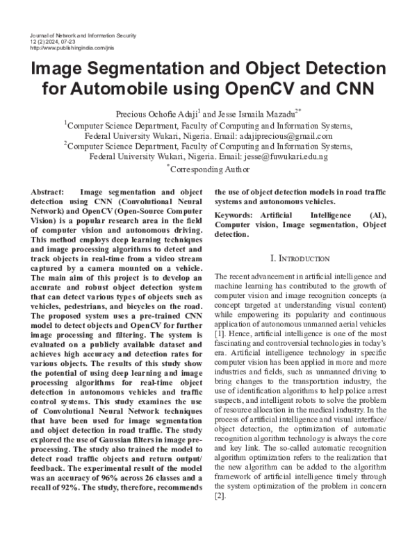 (PDF) Image Segmentation and Object Detection for Automobile using ...