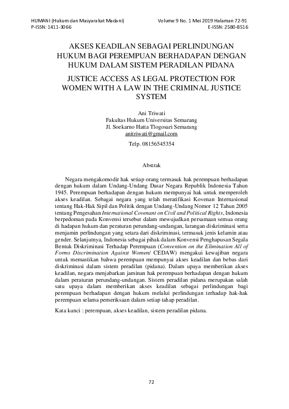 (PDF) Akses Keadilan Sebagai Perlindungan Hukum Bagi Perempuan Berhadapan Dengan Hukum Dalam ...