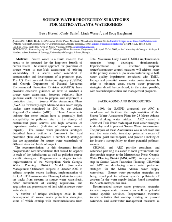 (PDF) Source water protection strategies for metro Atlanta watersheds