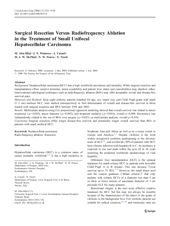 (PDF) Surgical Resection Versus Radiofrequency Ablation in the Treatment of Small Unifocal ...