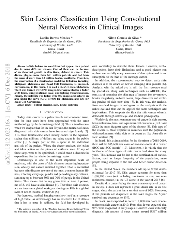 Pdf Skin Lesions Classification Using Convolutional Neural Networks In Clinical Images