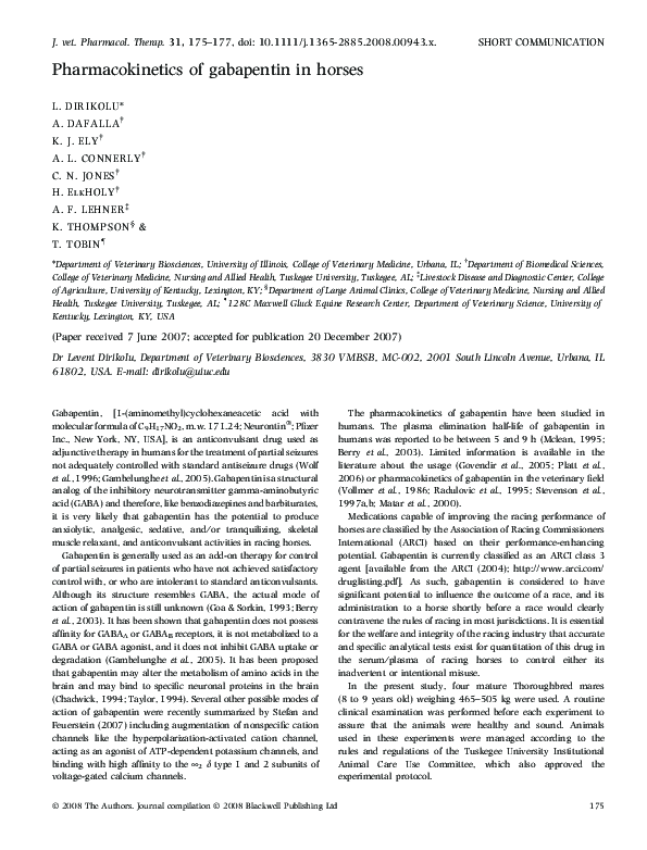 (PDF) Pharmacokinetics of gabapentin in horses