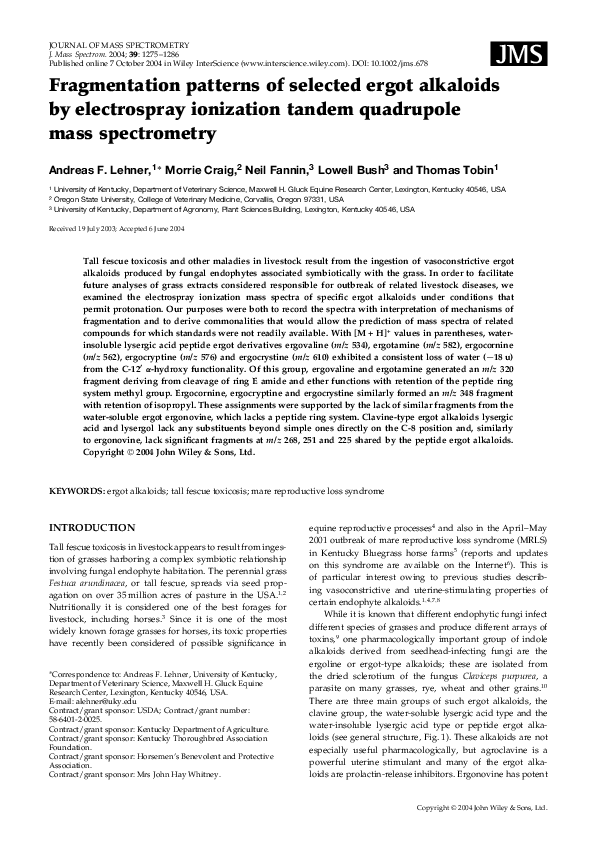 (PDF) Fragmentation patterns of selected ergot alkaloids by ...