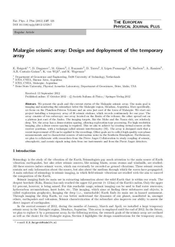 (PDF) Malargüe seismic array: Design and deployment of the temporary array