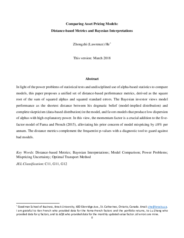 (PDF) Comparing Asset Pricing Models: Distance-based Metrics and ...