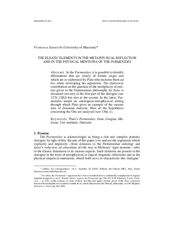 (PDF) THE ELEATIC ELEMENTS IN THE METAPHYSICAL REFLECTION AND IN THE ...