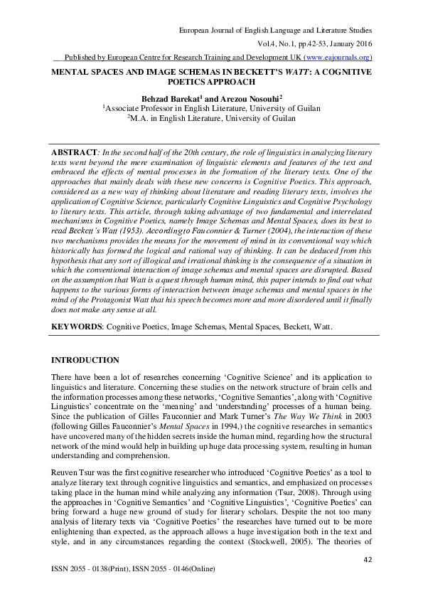 (PDF) MENTAL SPACES AND IMAGE SCHEMAS IN BECKETT'S WATT: A COGNITIVE POETICS APPROACH