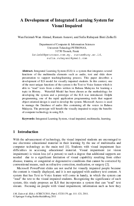 (PDF) A Development of Integrated Learning System for Visual Impaired