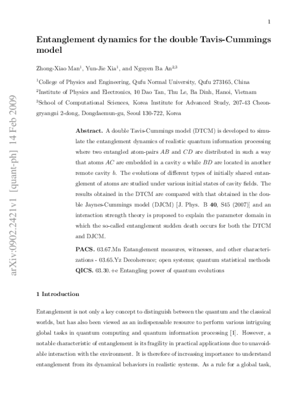 (PDF) Entanglement Dynamics in the Double Tavis-Cummings Model