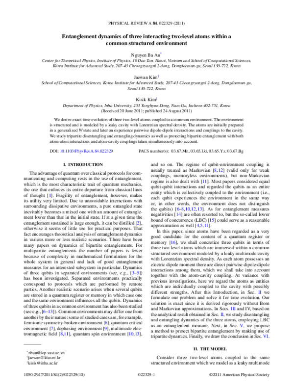 (PDF) Entanglement dynamics of three interacting two-level atoms within a common structured ...
