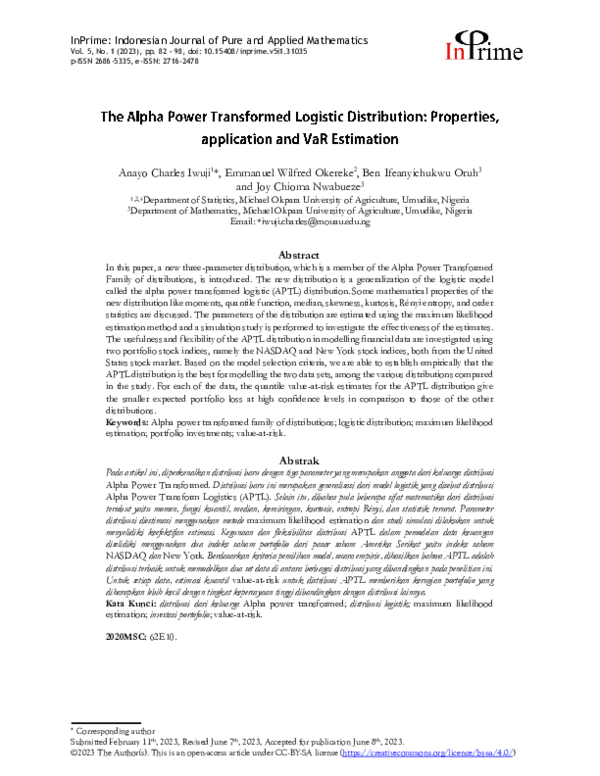 (PDF) The Alpha Power Transformed Logistic Distribution: Properties, application and VaR ...