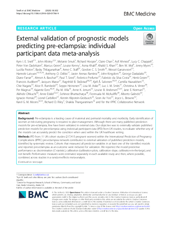 (PDF) External validation of prognostic models predicting pre-eclampsia: individual participant ...