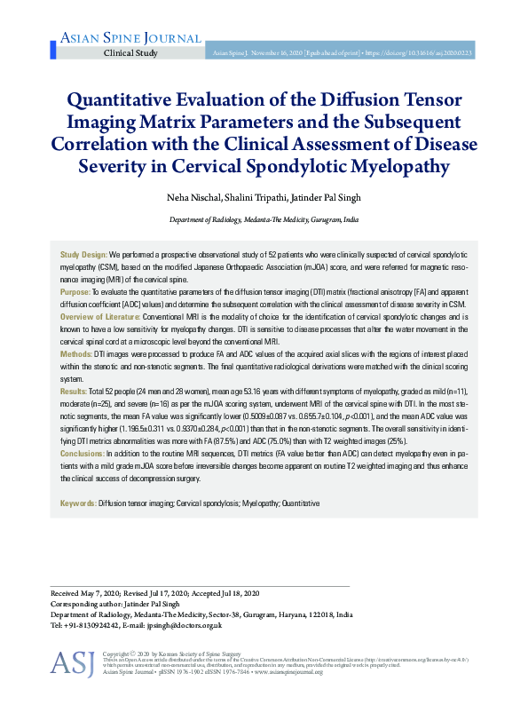 (PDF) Quantitative Evaluation of the Diffusion Tensor Imaging Matrix Parameters and the ...
