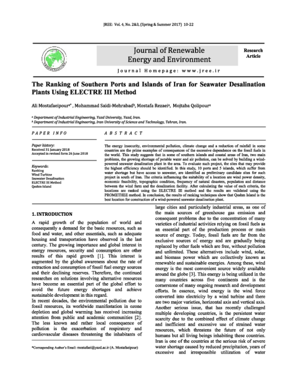 (PDF) The Ranking of Southern Ports and Islands of Iran for Seawater Desalination Plants Using ...