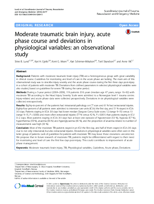 (PDF) Moderate traumatic brain injury, acute phase course and ...