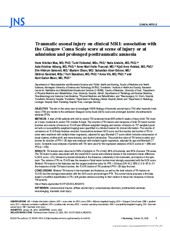 (PDF) Traumatic axonal injury on clinical MRI: association with the ...