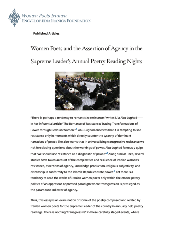 (PDF) Desire, Power and Agency: Iranian Female Poets Reading their ...