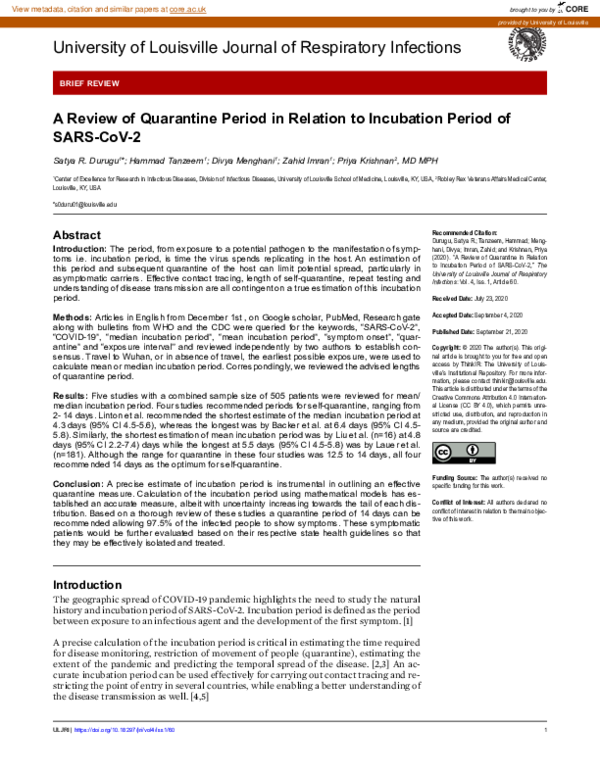 (PDF) A Review Of Quarantine Period In Relation To Incubation Period Of ...