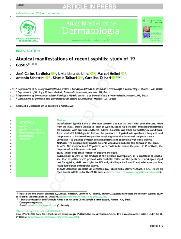 (PDF) Atypical manifestations of recent syphilis: study of 19 cases ...
