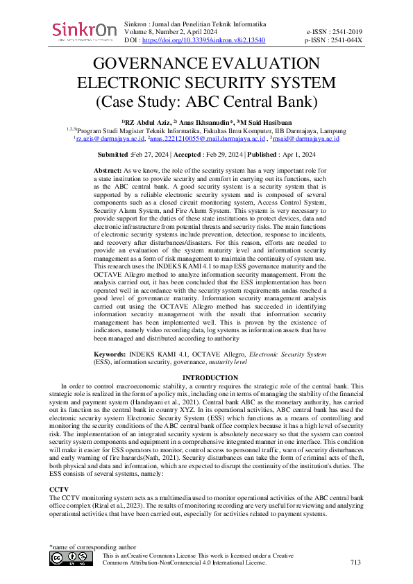 (PDF) GOVERNANCE EVALUATION ELECTRONIC SECURITY SYSTEM (ESS) (Case ...