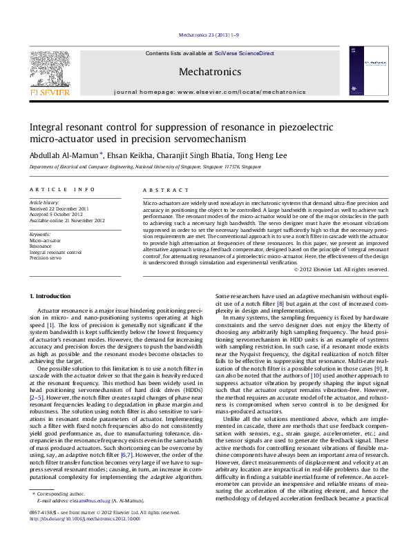 (PDF) Integral resonant control for suppression of resonance in ...