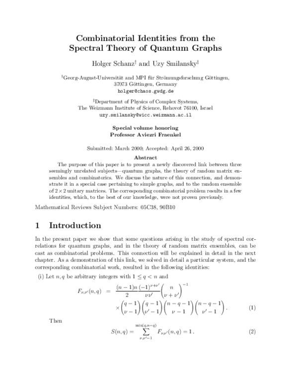 (PDF) Combinatorial Identities from the Spectral Theory of Quantum Graphs | Holger Schanz ...
