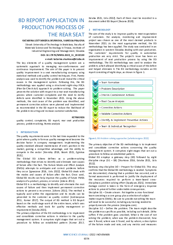 (PDF) 8D Report Application in Production Process of the Rear Seat