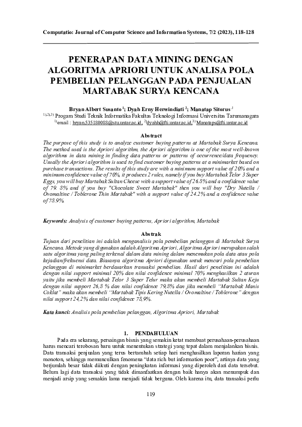 (PDF) Penerapan Data Mining Dengan Algoritma Apriori Untuk Analisa Pola Pembelian Pelanggan Pada ...