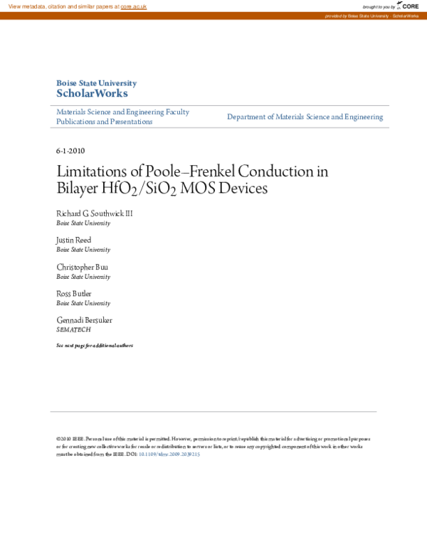 (PDF) Limitations of Poole–Frenkel Conduction in Bilayer $\hbox{HfO}_{2}/\hbox{SiO}_{2}$ MOS Devices