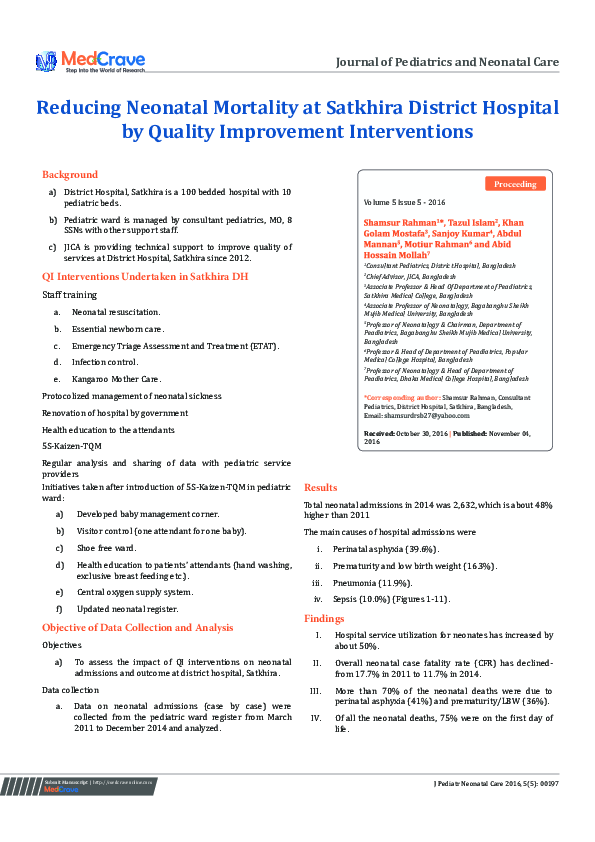 (PDF) Reducing Neonatal Mortality at Satkhira District Hospital by Quality Improvement Interventions