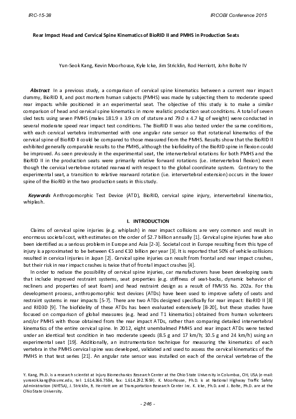 (PDF) Rear Impact Head and Cervical Spine Kinematics of BioRID II and ...