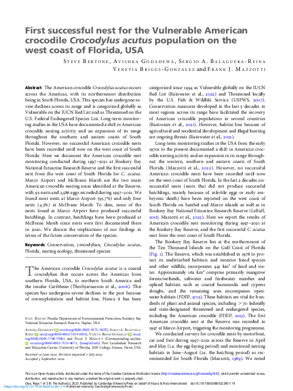 Pdf First Successful Nest For The Vulnerable American Crocodile Crocodylus Acutus Population