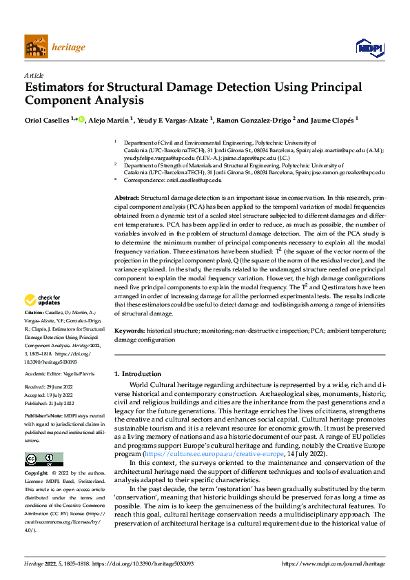 (PDF) Estimators for Structural Damage Detection Using Principal Component Analysis