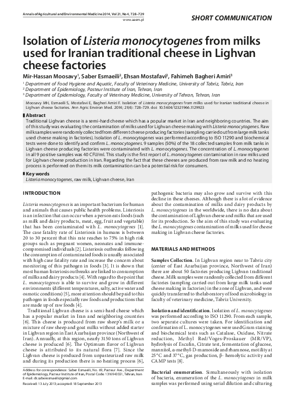 (PDF) Isolation of Listeria monocytogenes from milks used for Iranian ...