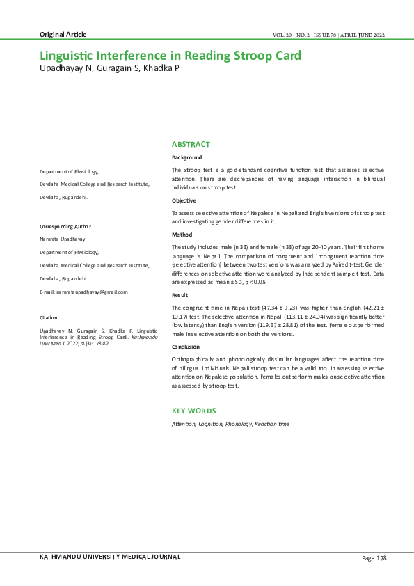 (PDF) Linguistic Interference in Reading Stroop Card