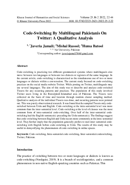 Pdf Code Switching By Multilingual Pakistanis On Twitter A Qualitative Analysis