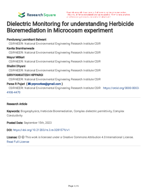 (PDF) Dielectric Monitoring for understanding Herbicide Bioremediation in Microcosm experiment