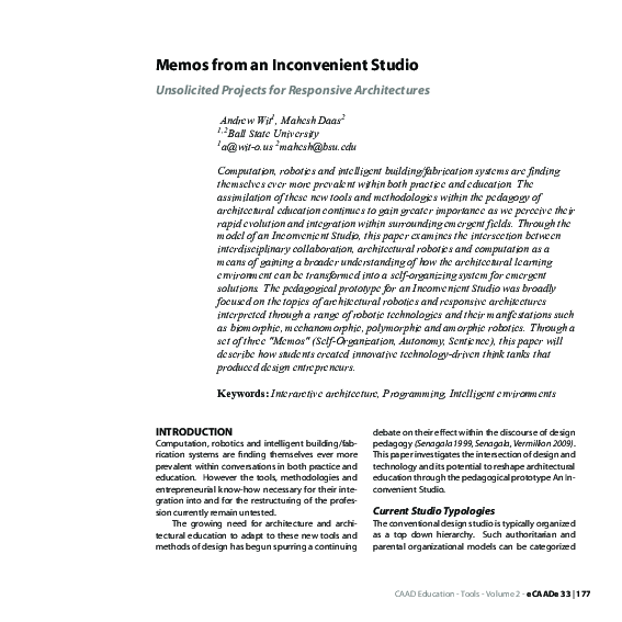 (PDF) Memos from an Inconvenient Studio - Unsolicited Projects for Responsive Architectures