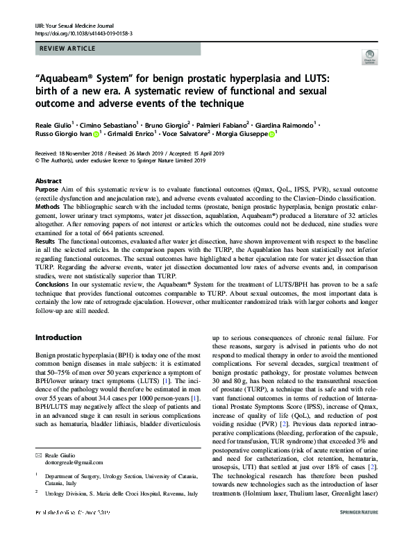 (PDF) “Aquabeam® System” for benign prostatic hyperplasia and LUTS ...
