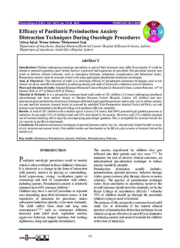 (PDF) Efficacy of Paediatric Preinduction Anxiety Distraction ...