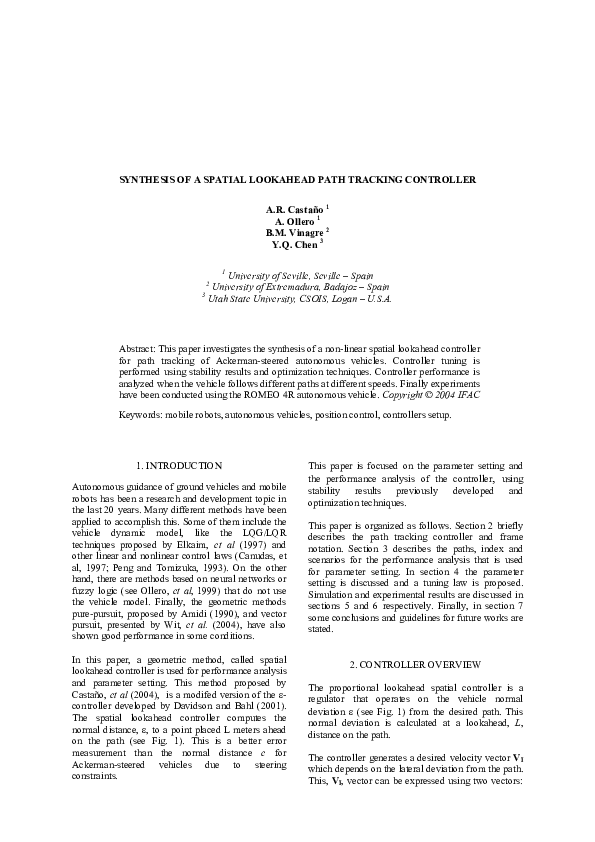 (PDF) Synthesis of a spatial lookahead path tracking controller