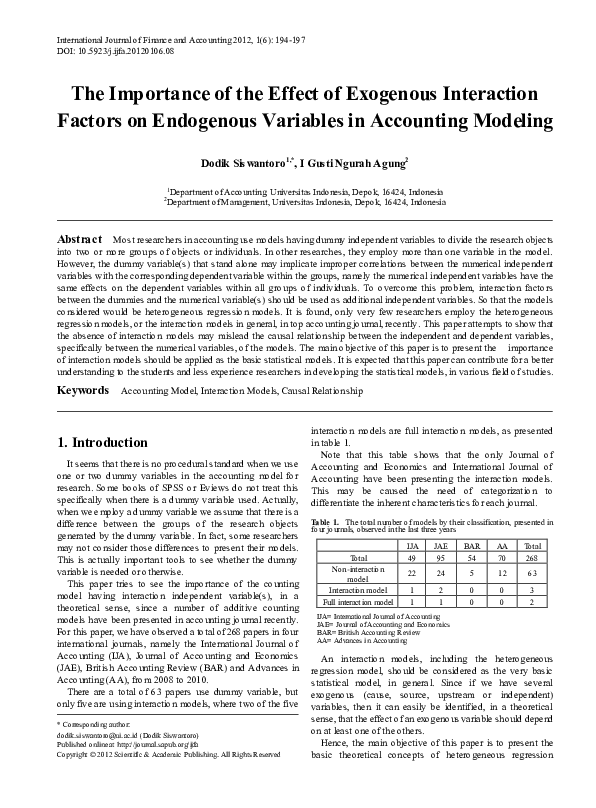 (PDF) The Importance of the Effect of Exogenous Interaction Factors on Endogenous Variables in ...