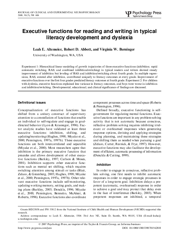 (PDF) Executive functions for reading and writing in typical literacy ...