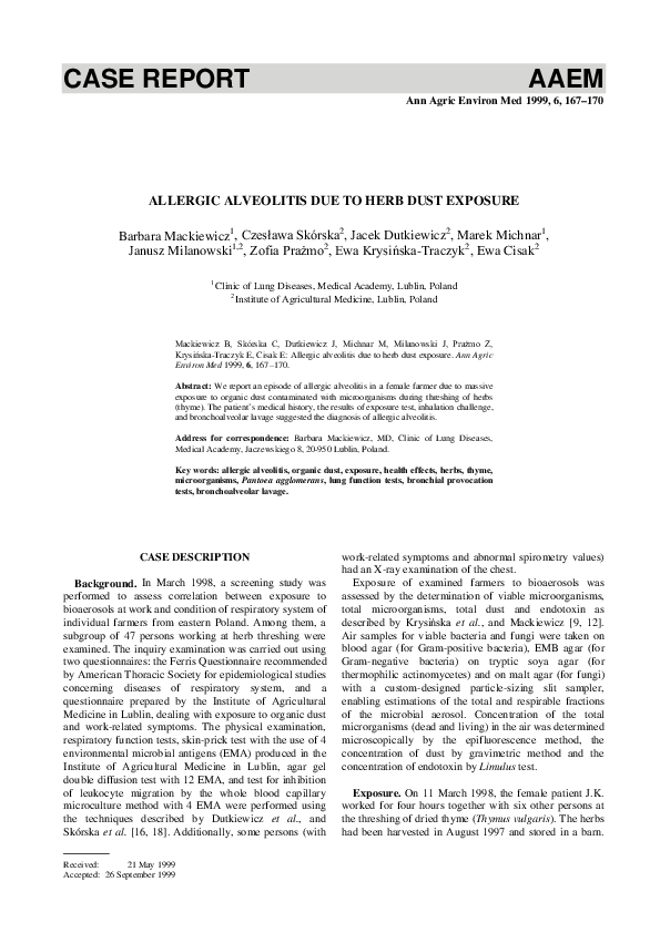 (PDF) Allergic alveolitis due to herb dust exposure