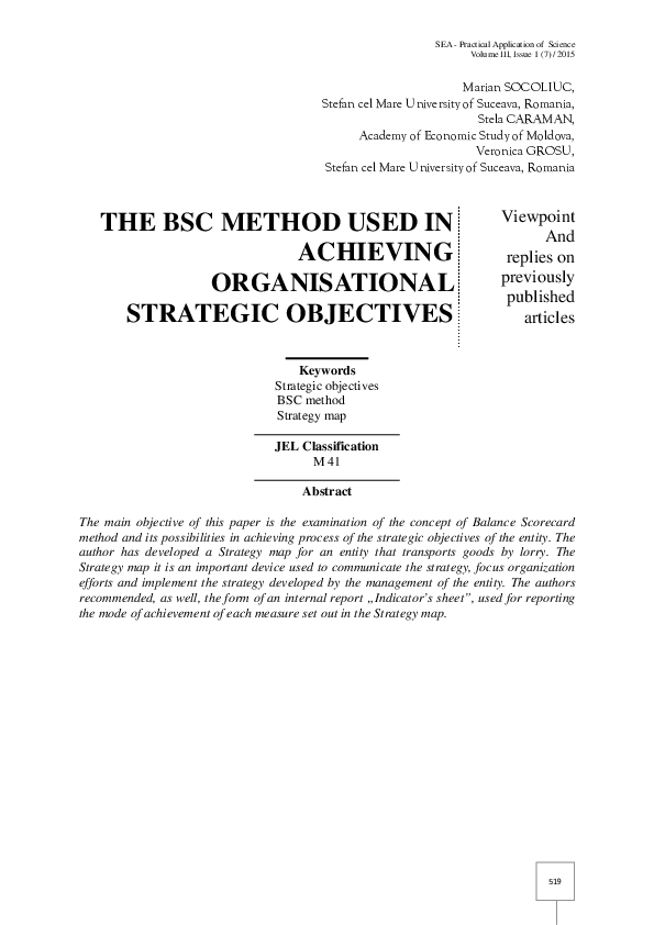 (PDF) The BSC Method Used in Achieving Organisational Strategic Objectives